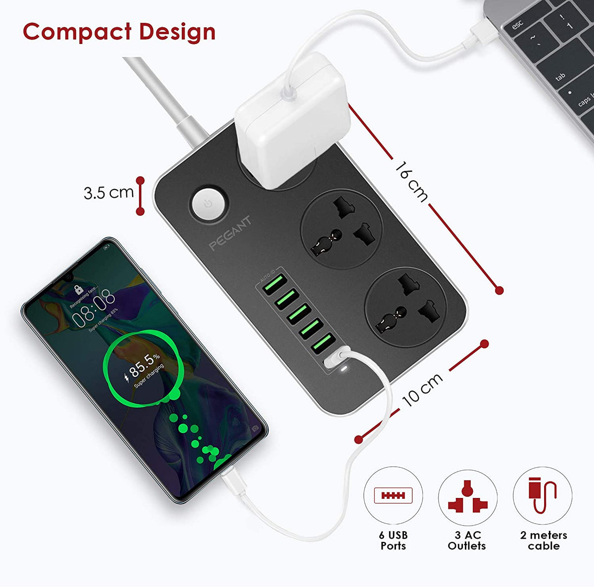 PEGANT 3 Way Power Extension Cord, 3 Universal Plugs Power Strip, 6 US