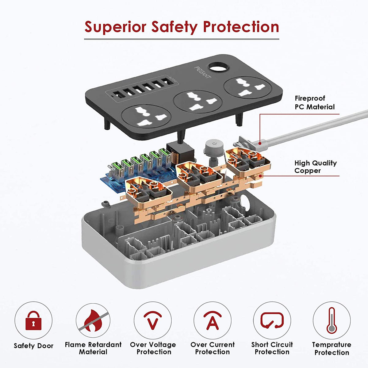PEGANT 3 Way Power Extension Cord, 3 Universal Plugs Power Strip, 6 US