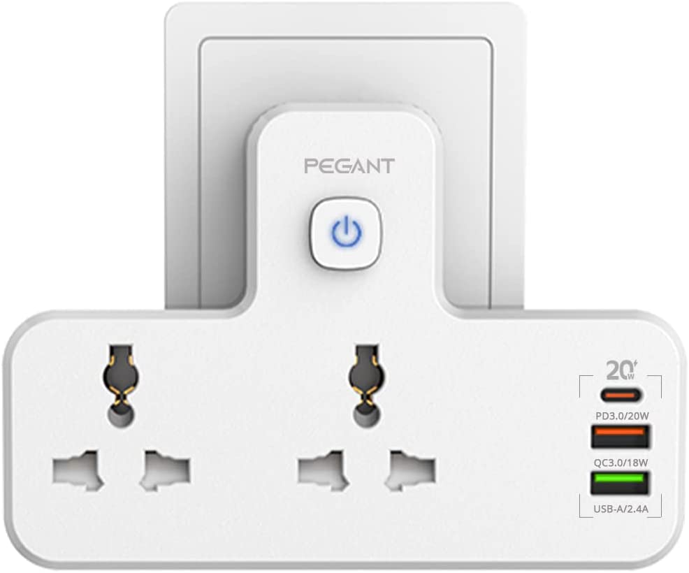 PEGANT 3 in 1 Power Extension Socket Plug Adapter, 20W USB-C PD Quick