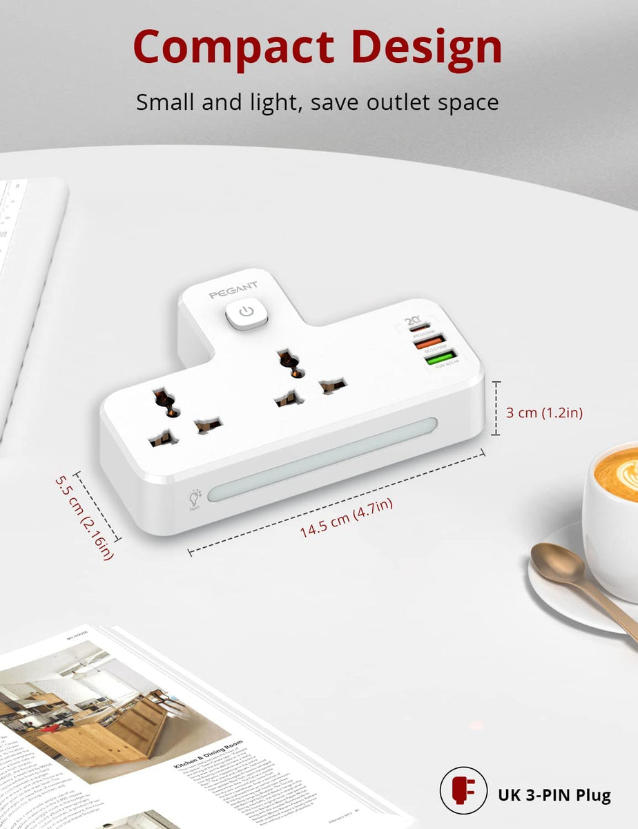 PEGANT 3 in 1 Power Extension Socket Plug Adapter, 20W USB-C PD Quick