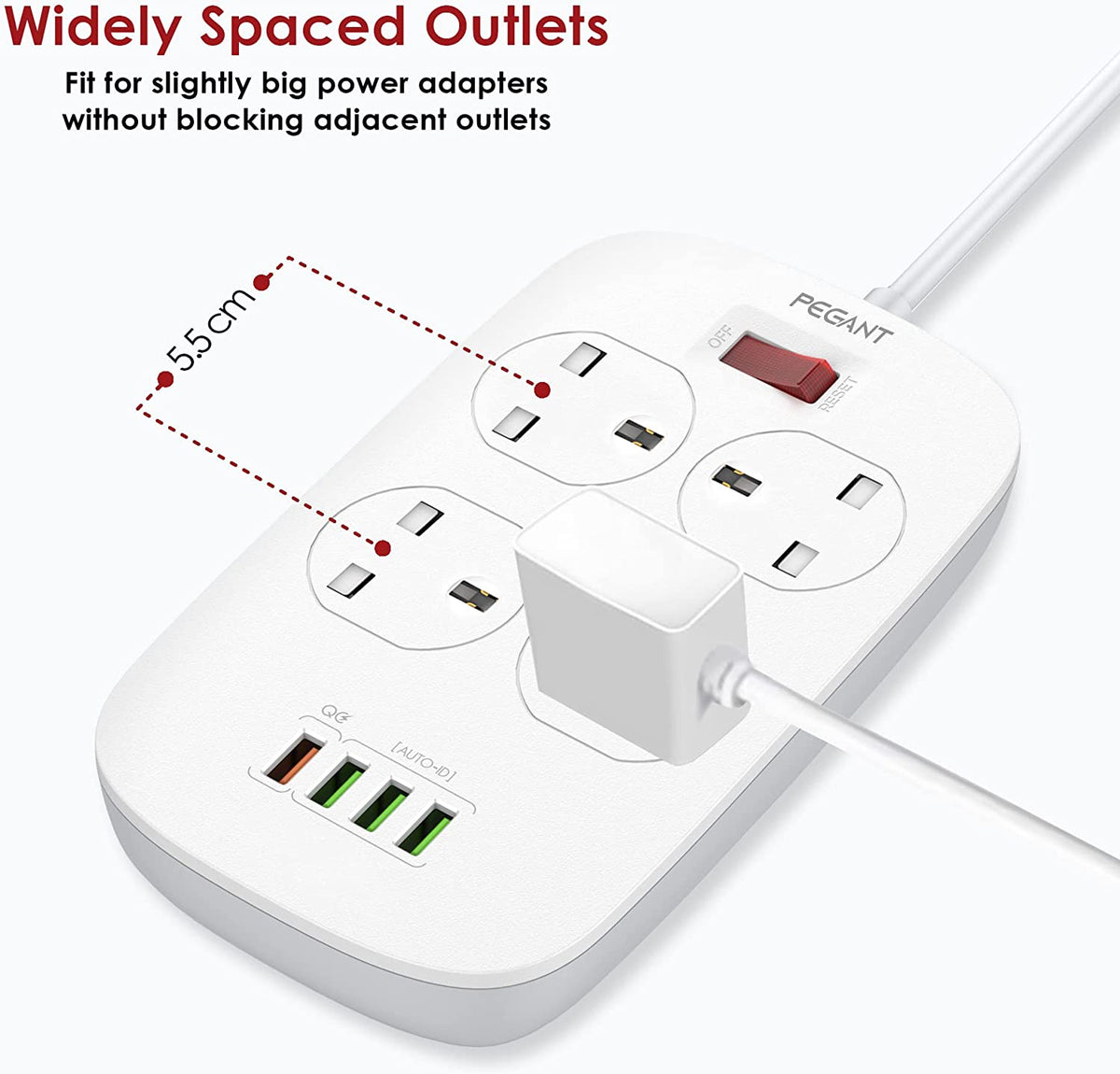 PEGANT 4 Way Power Extension Cord, 4 USB Fast Charging Ports, 4 UK Plu