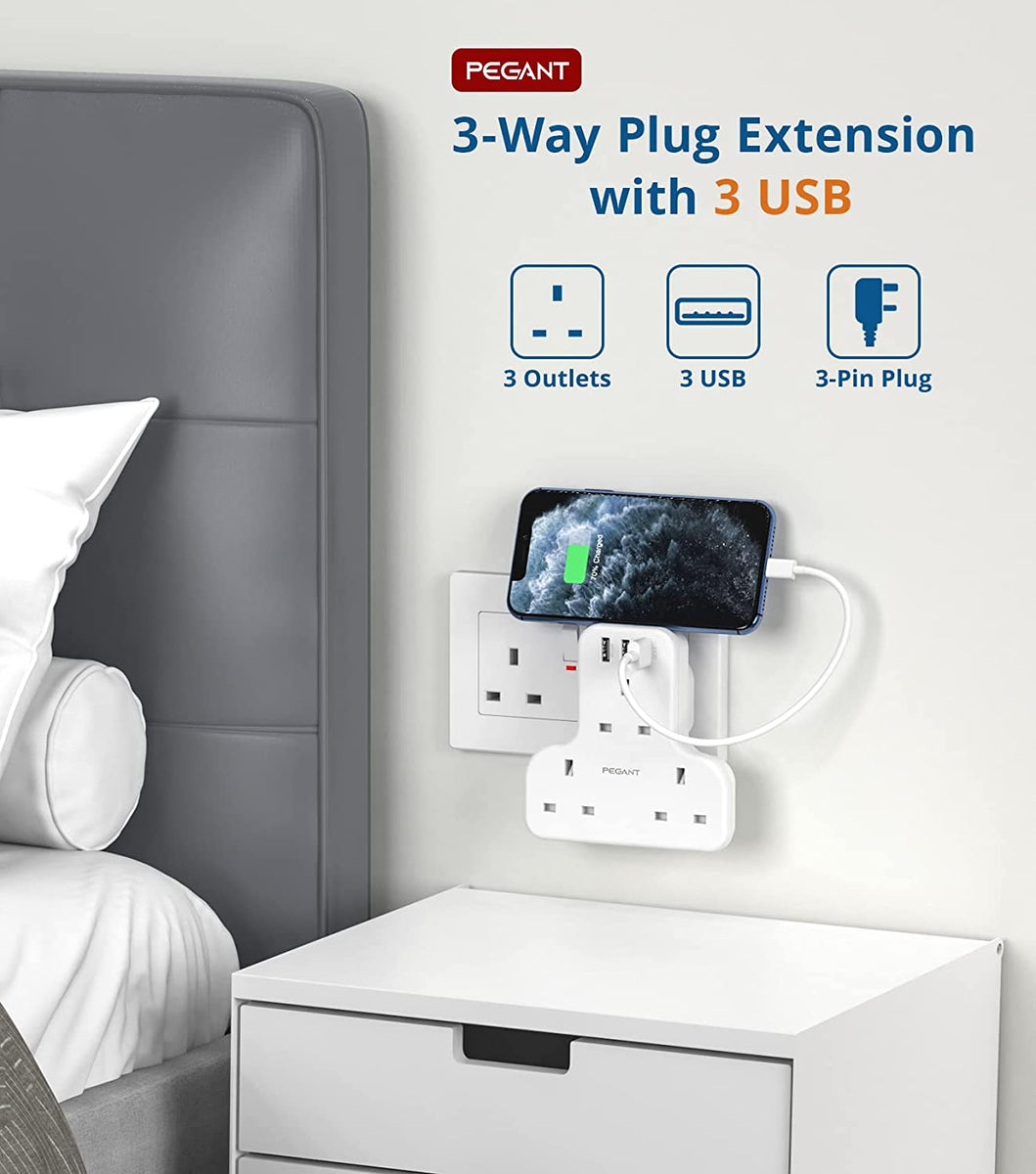 PEGANT Multi Plug Adapter Power Extension With 3 USB, 3 Way Wall Charg